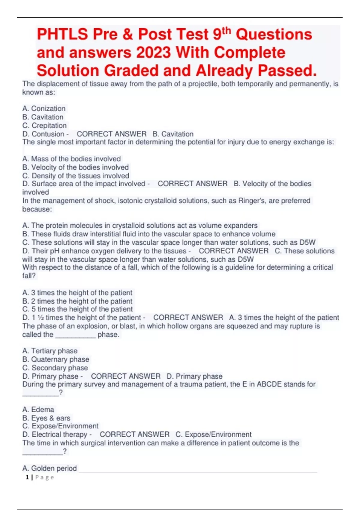 PHTLS Pre & Post Test 9th Questions and answers 2023 With Complete ...