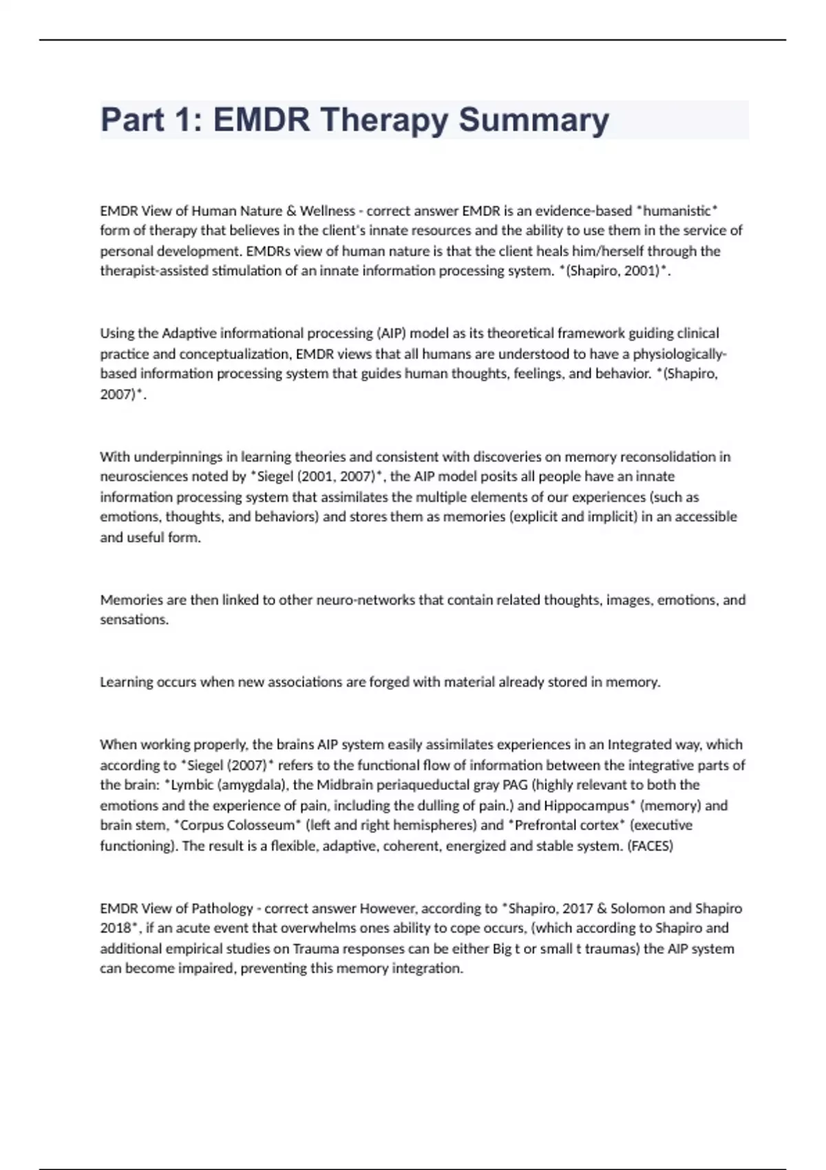 Part 1 EMDR Therapy Summary Question and answers 100% correct 2023/2024 - EMDR - Stuvia US