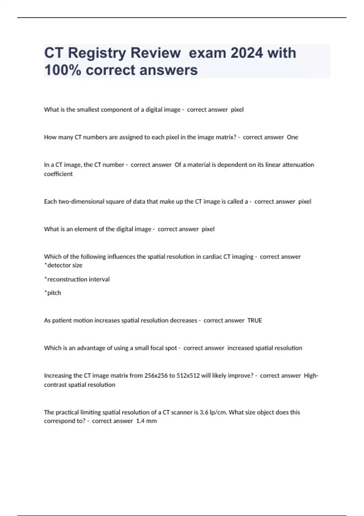 CT Registry Review exam 2024 with 100% correct answers - Computed ...