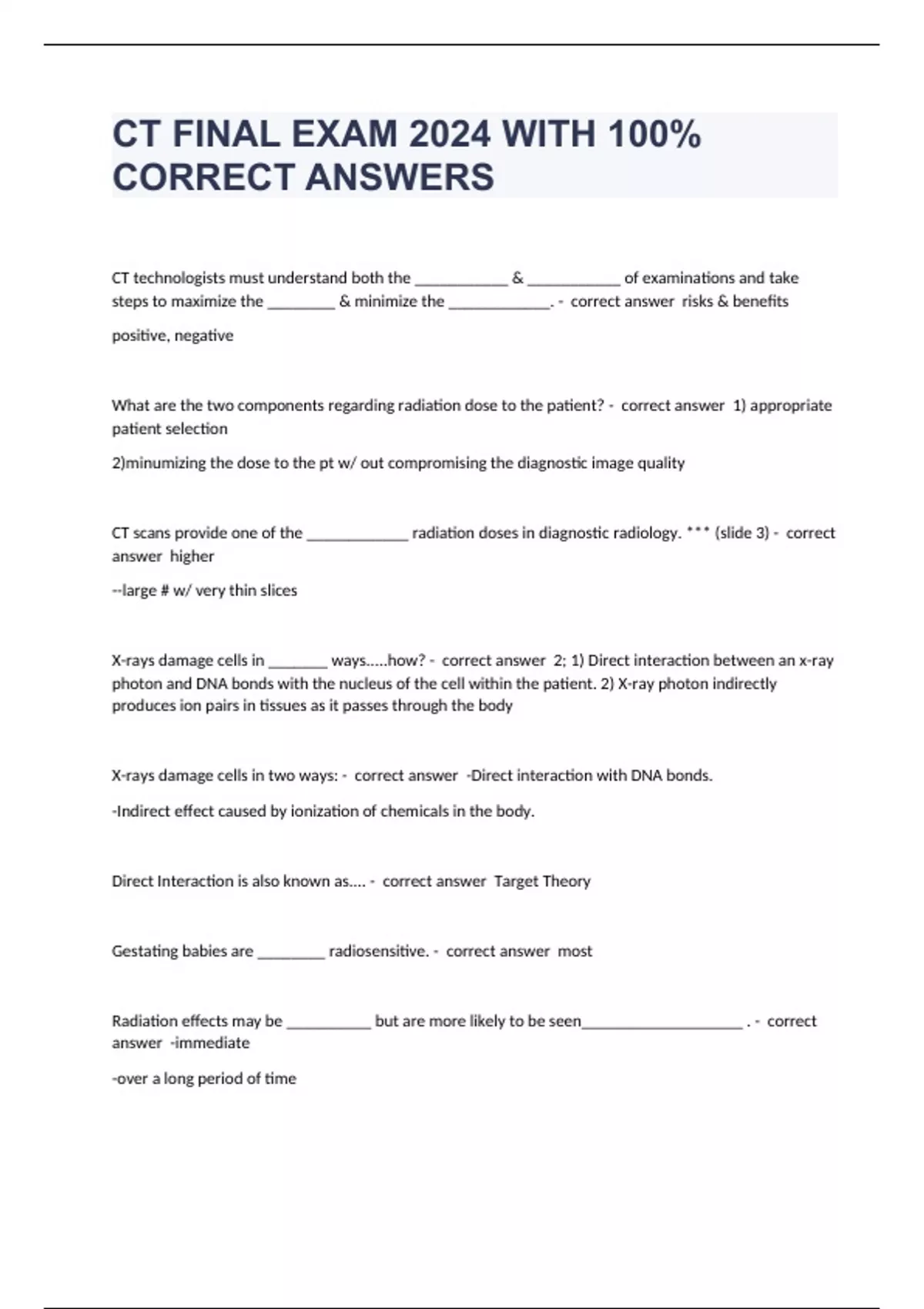 CT FINAL EXAM 2024 WITH 100% CORRECT ANSWERS - Computed Tomography ...