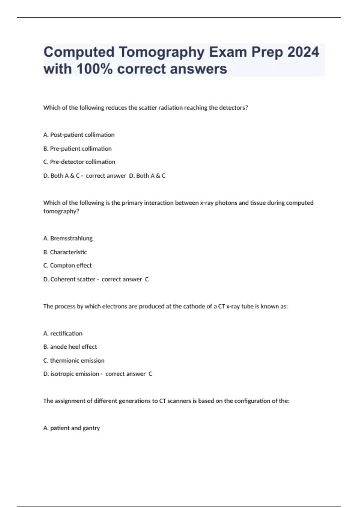 Computed Tomography Exam Prep 2024 with 100% correct answers - Computed ...