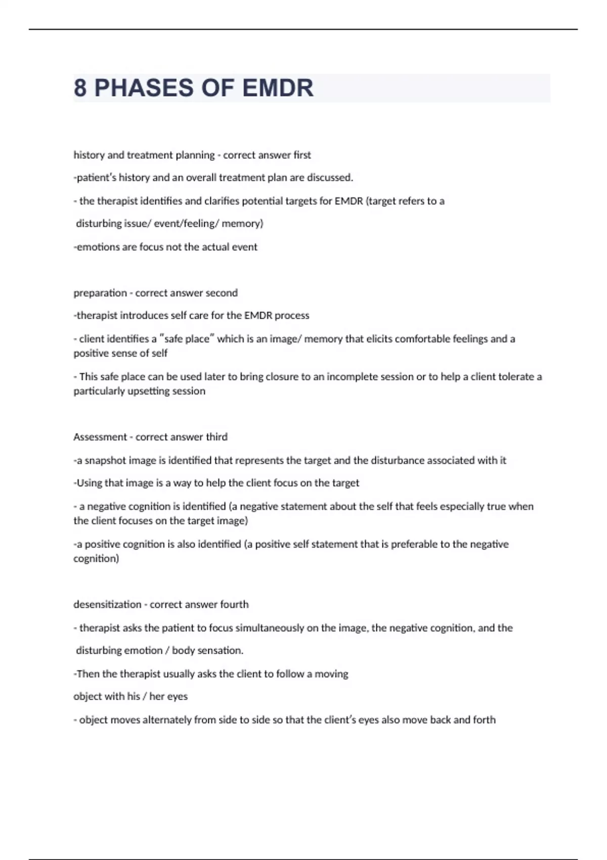 8 PHASES OF EMDR Question and answers 2023/2024 verified to pass - EMDR ...