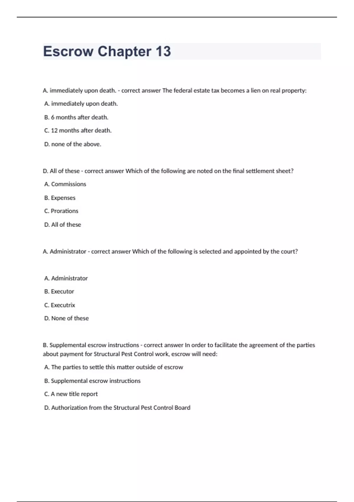 Escrow Chapter 13 Question and answers already passed 2023/2024 - ESCROW CHAPTER 1 - Stuvia US