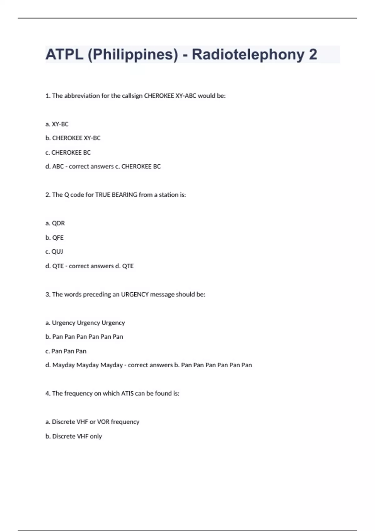 ATPL (Philippines) - Radiotelephony 2 fully solved rated A+ 2023/2024 ...