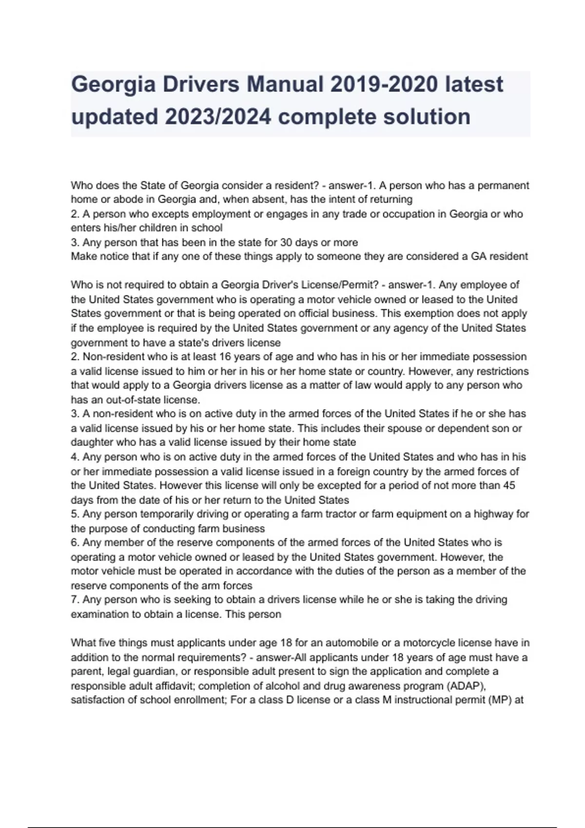 Georgia Drivers Manual latest updated 2023/2024 complete solution ...