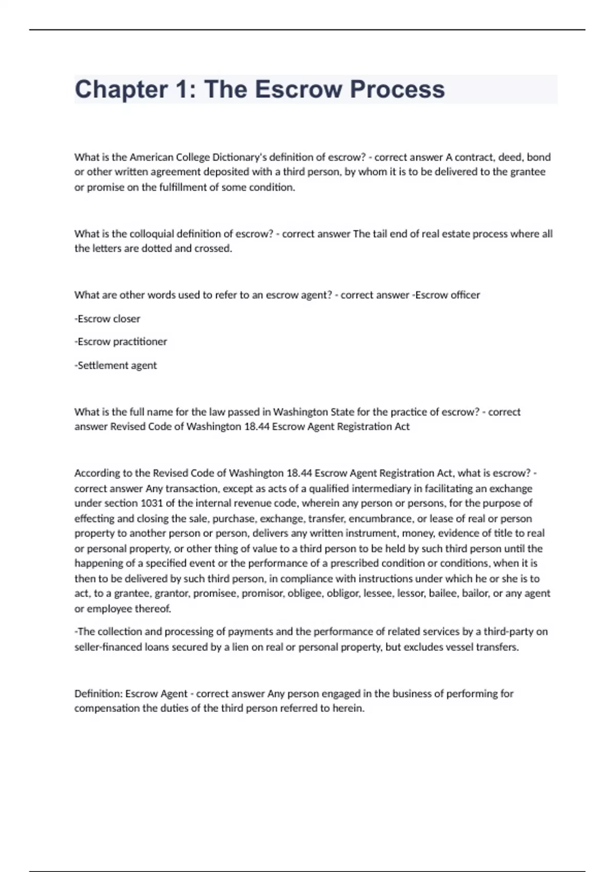 Chapter 1 The Escrow Process Question and answers correctly solved 2023/2024 - ESCROW CHAPTER 1 ...