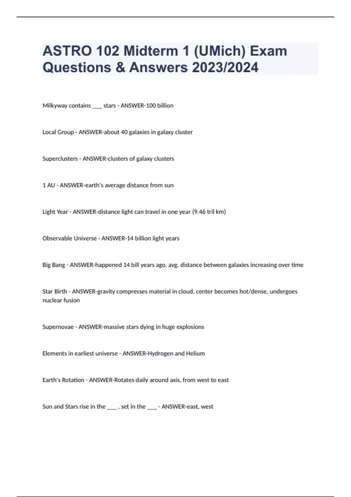 ASTRO 102 Midterm 1 (UMich) Exam Questions & Answers 2023/2024 - ASTRO ...