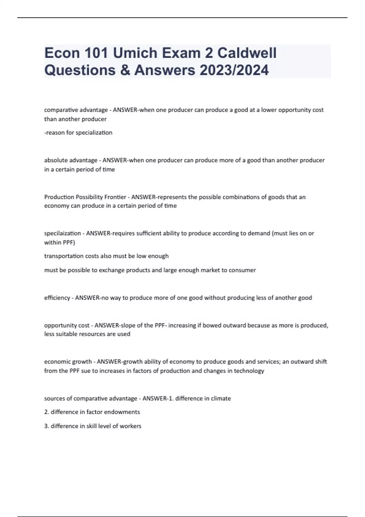 Econ 101 Umich Exam 2 Caldwell Questions & Answers 2023/2024 - Econ 101 ...