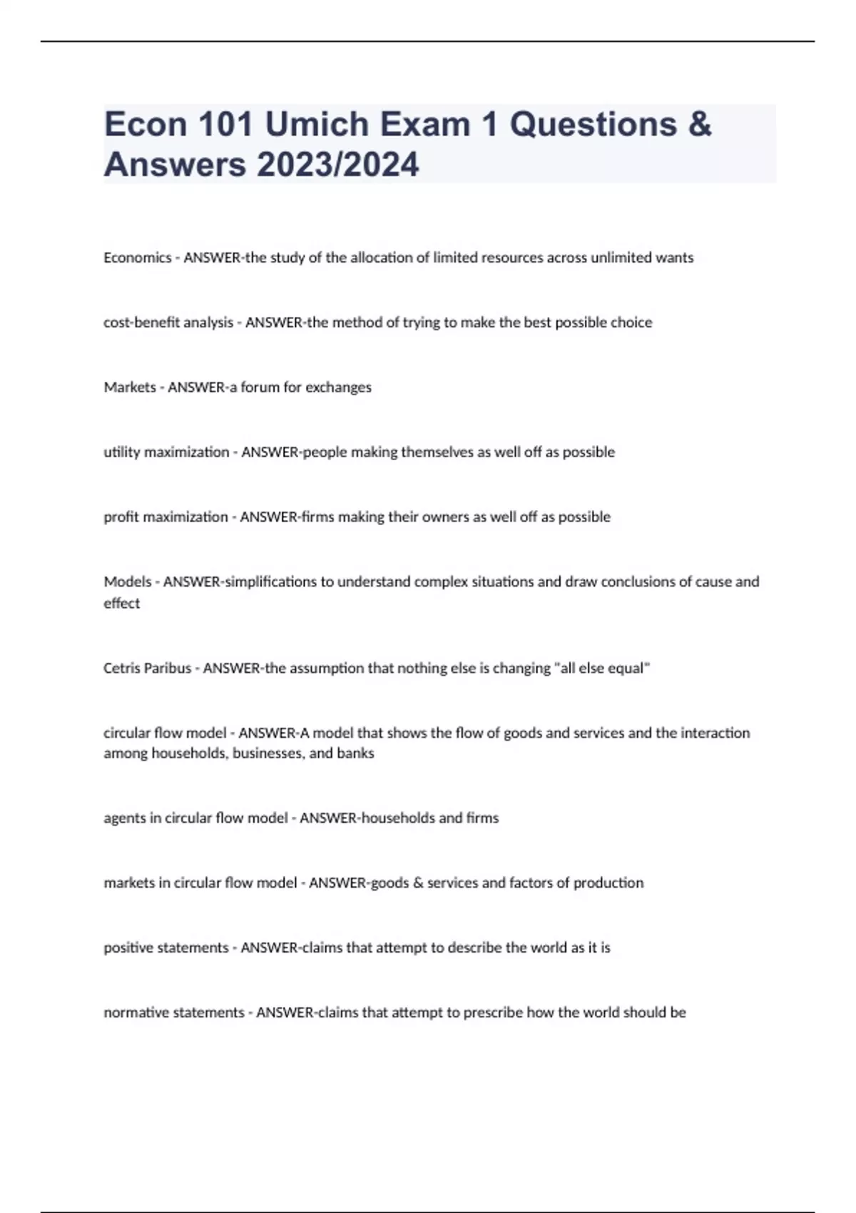 Econ 101 Umich Exam 1 Questions & Answers 2023/2024 - Econ 101 Umich - Stuvia US