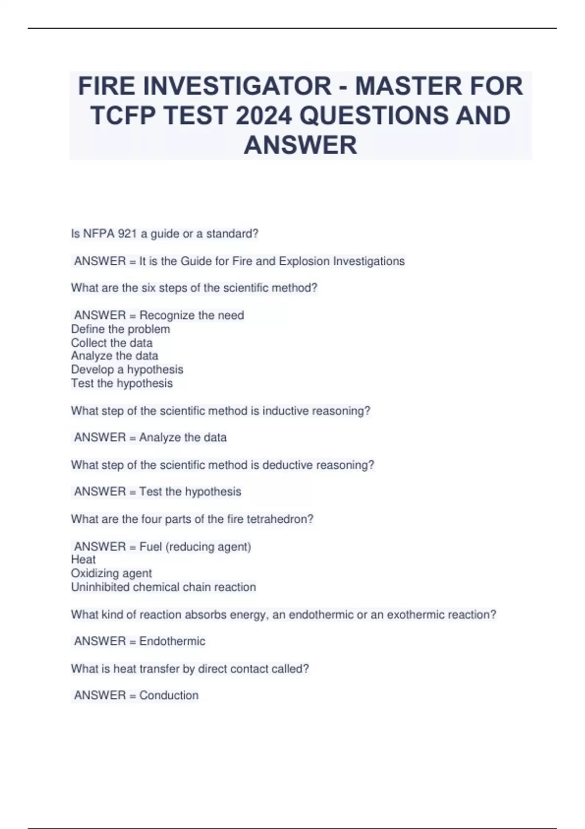 FIRE INVESTIGATOR - MASTER FOR TCFP TEST 2024 QUESTIONS AND ANSWER ...
