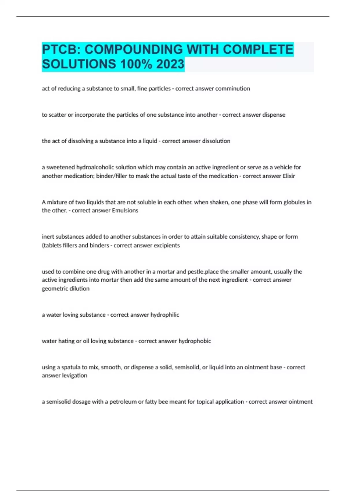 PTCB: COMPOUNDING WITH COMPLETE SOLUTIONS 100% 2023 - PTCB - Stuvia US