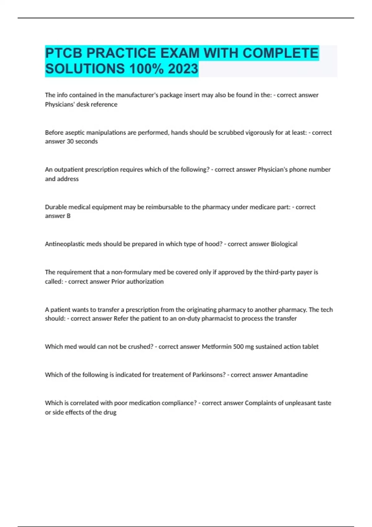 PTCB PRACTICE EXAM WITH COMPLETE SOLUTIONS 100% 2023 - PTCB - Stuvia US