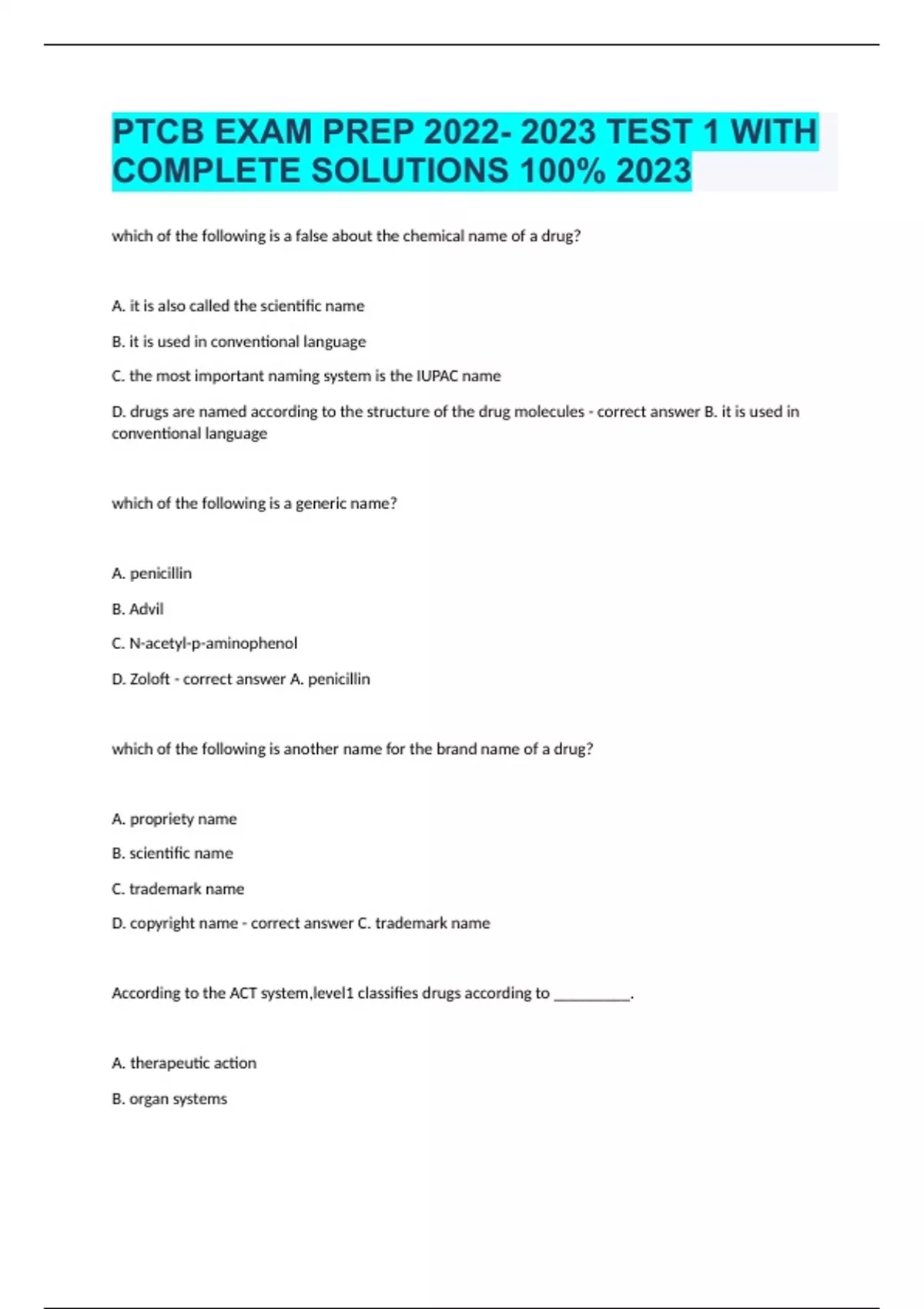 PTCB EXAM PREP TEST 1 WITH COMPLETE SOLUTIONS 100% 2023 - PTCB - Stuvia US