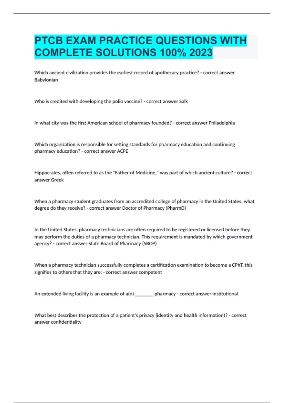 PTCB EXAM PRACTICE QUESTIONS WITH COMPLETE SOLUTIONS 100% 2023 - PTCB ...