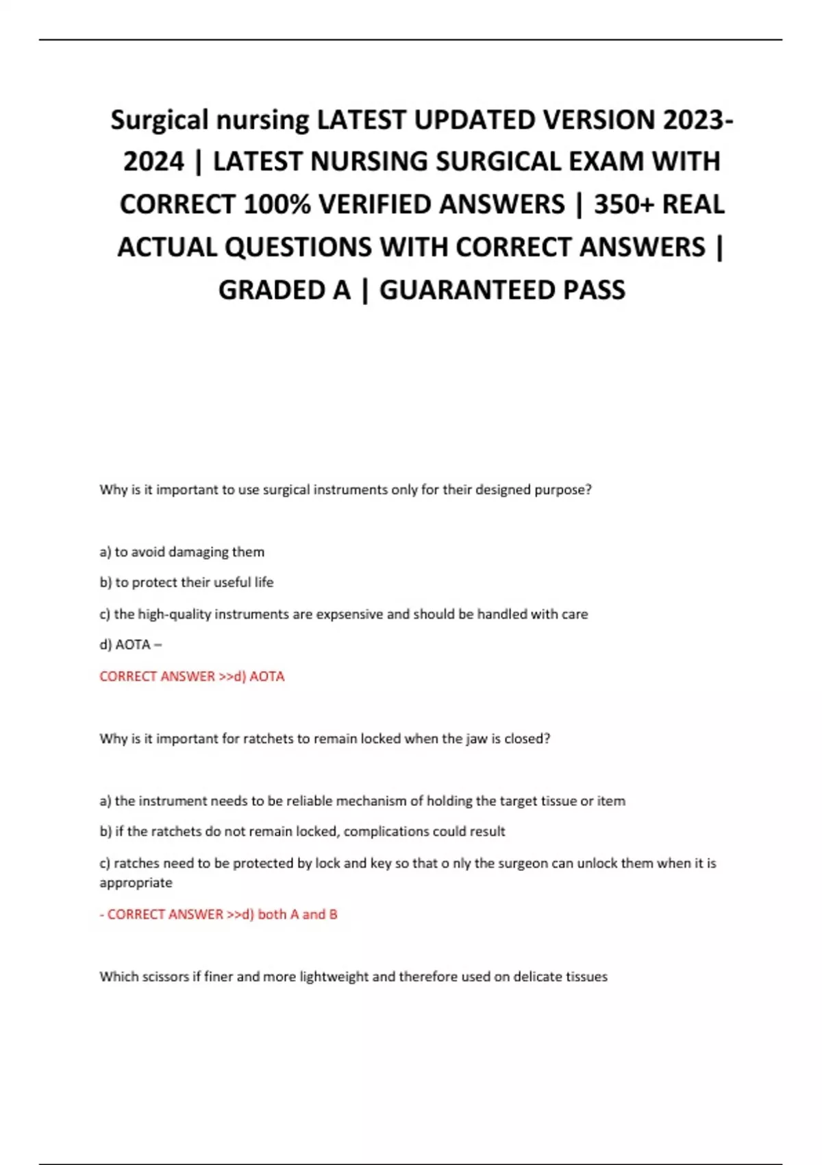 Surgical nursing LATEST UPDATED VERSION | LATEST NURSING SURGICAL EXAM ...