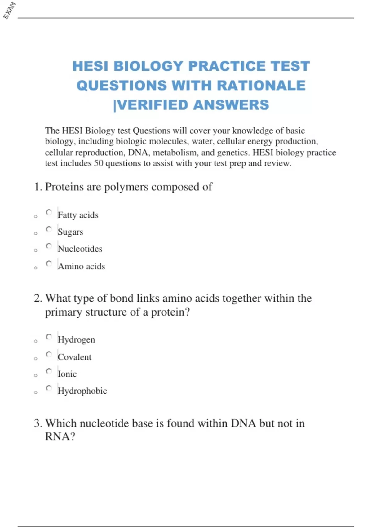 HESI A2 BIOLOGY PRACTICE TEST QUESTIONS WITH RATIONALE VERIFIED HESI A2 BIOLOGY PRACTICE TEST QUESTIONS WITH RATIONALE VERIFIED