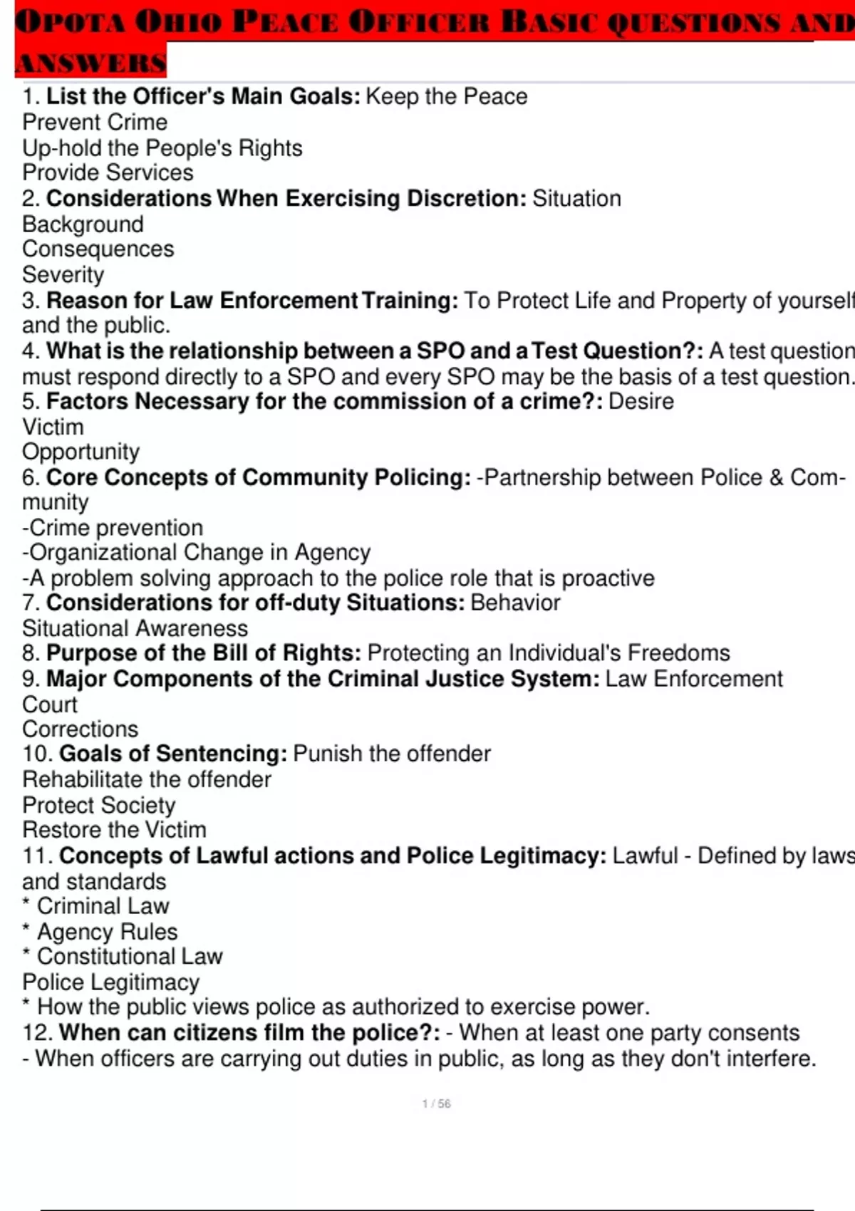 OPOTA OHIO PEACE OFFICER BASIC QUESTIONS AND ANSWERS - Opota Ohio ...