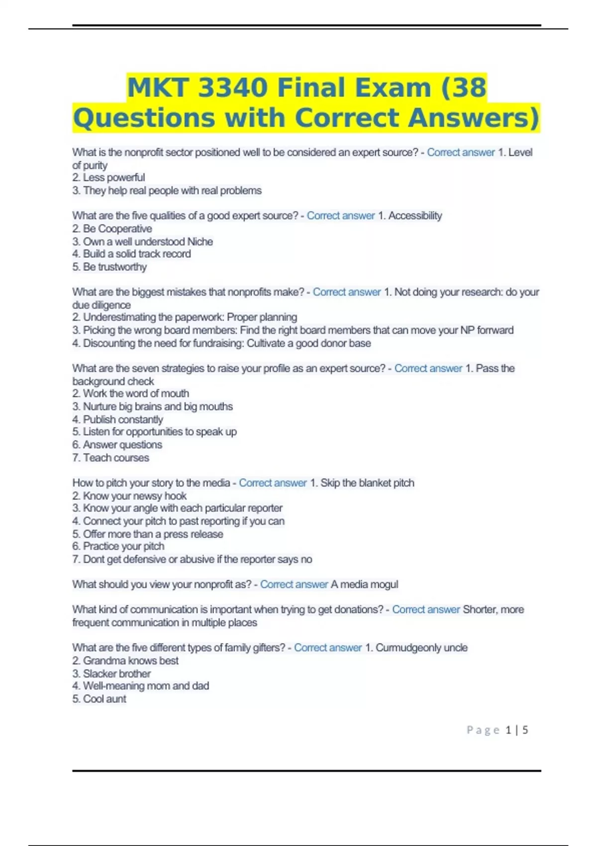 MKT 3340 Final Exam (38 Questions with Correct Answers) - NR 224 - Stuvia US