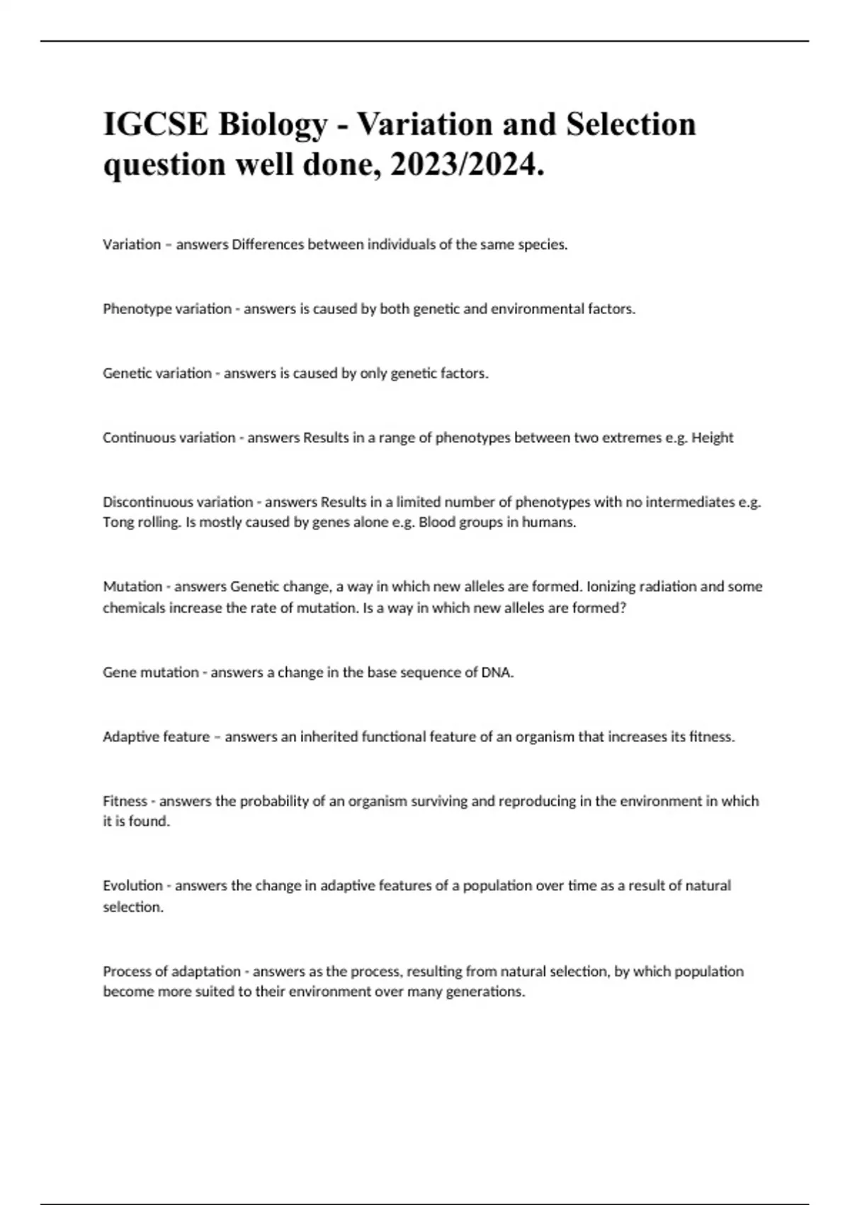 IGCSE Biology - Variation and Selection question well done, 2023/2024 ...