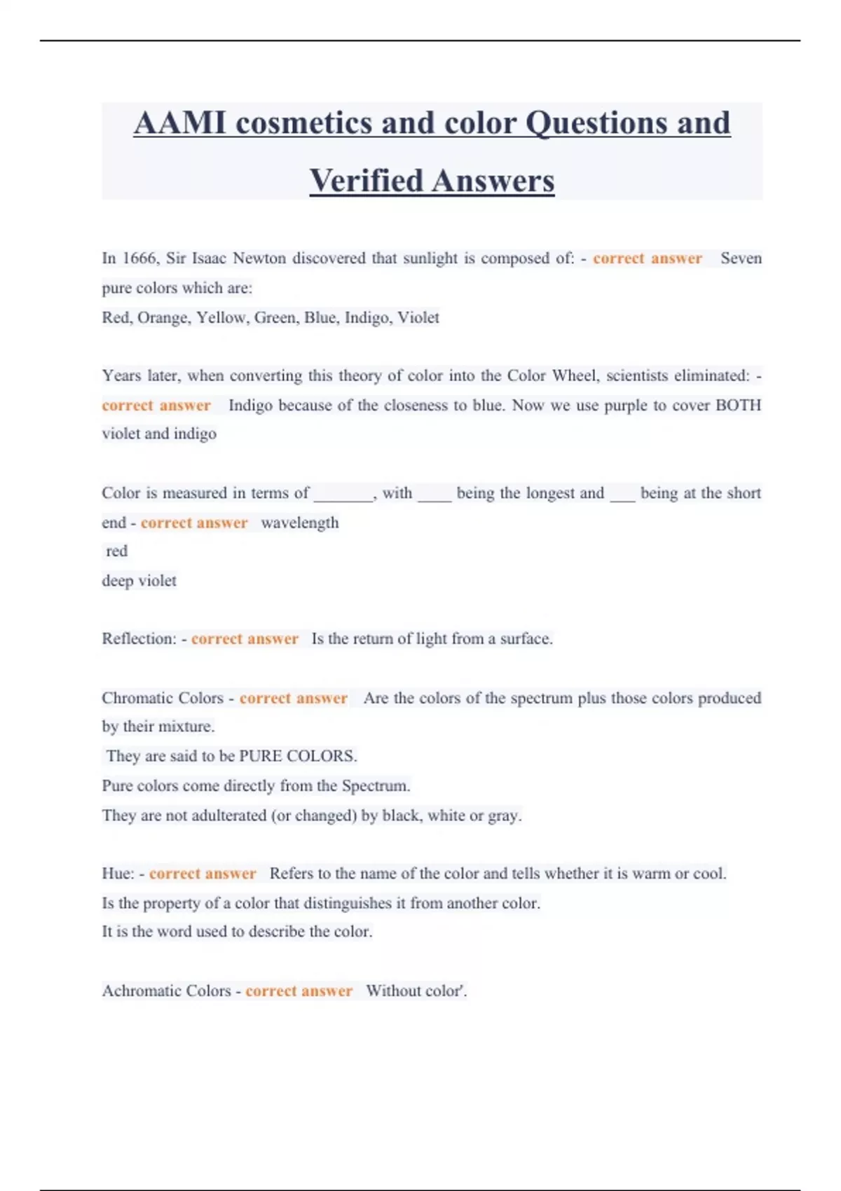 AAMI cosmetics and color Questions and Verified Answers 2023/2024 ...