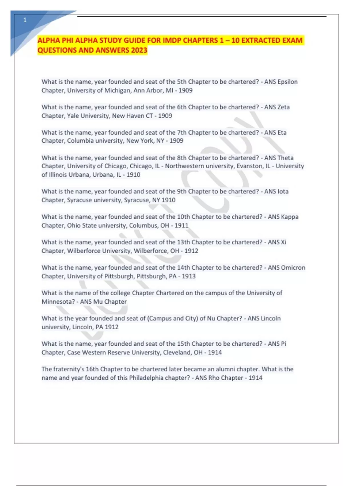 ALPHA PHI ALPHA STUDY GUIDE FOR IMDP CHAPTERS 1 – 10 EXTRACTED EXAM ...