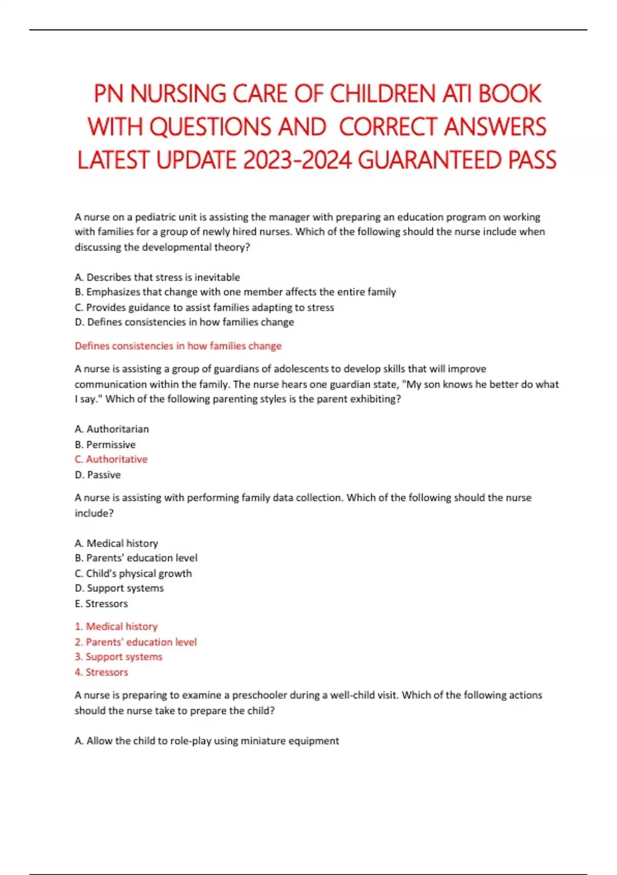 PN NURSING CARE OF CHILDREN ATI BOOK WITH QUESTIONS AND CORRECT ANSWERS ...