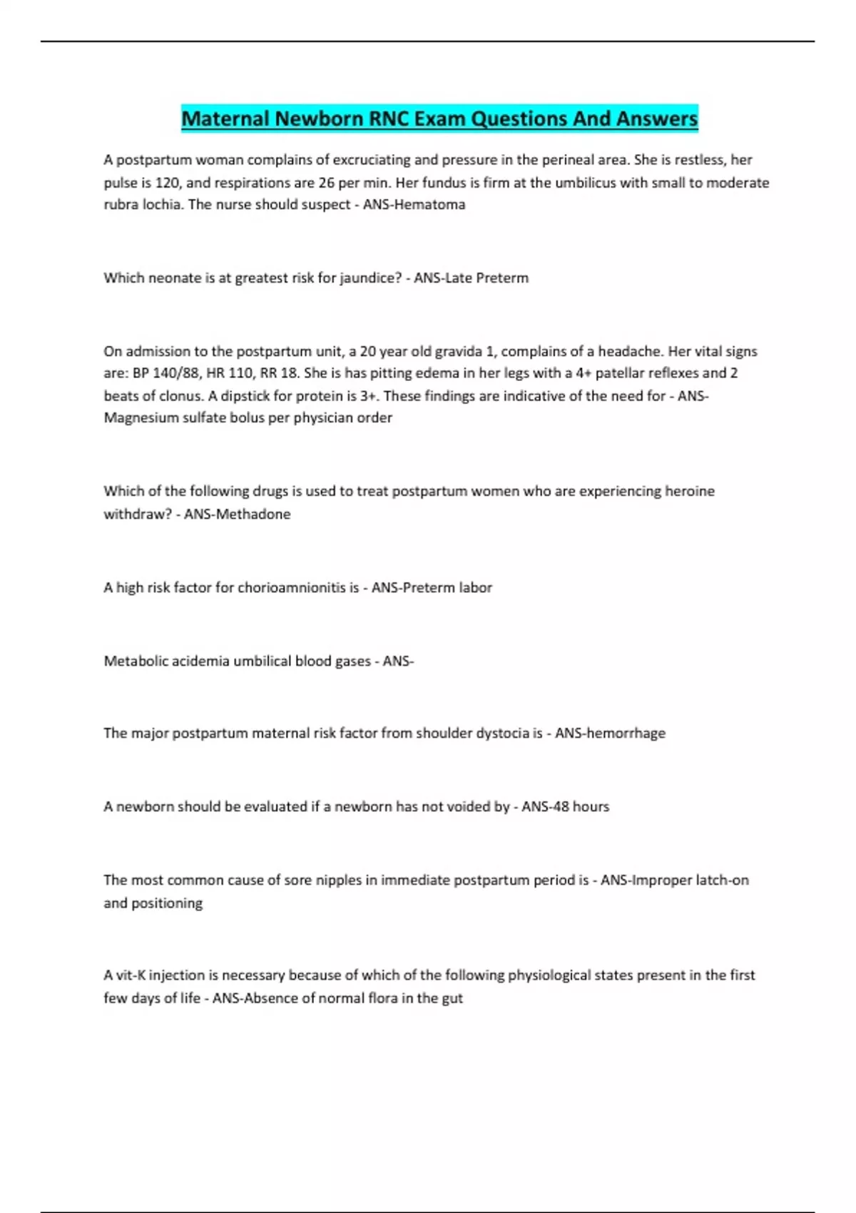 Maternal Newborn RNC Exam Questions And Answers - Maternal Newborn RNC ...