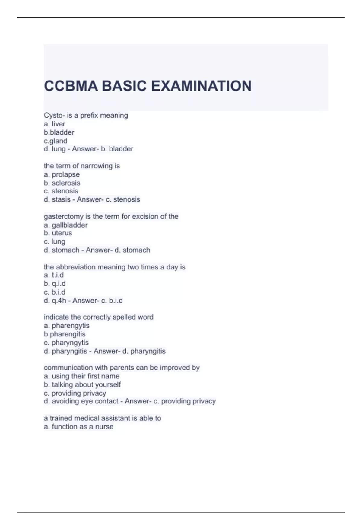 CCBMA BASIC EXAMINATION-QUESTIONS WITH CORRECT ANSWERS - CCBMA - Stuvia US