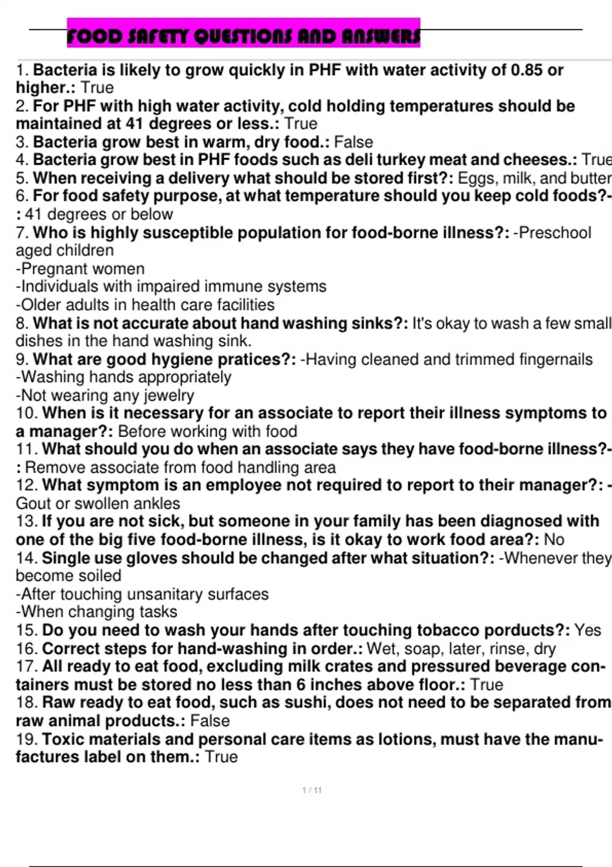 FOOD SAFETY QUESTIONS AND ANSWERS - FOOD SAFETY - Stuvia US
