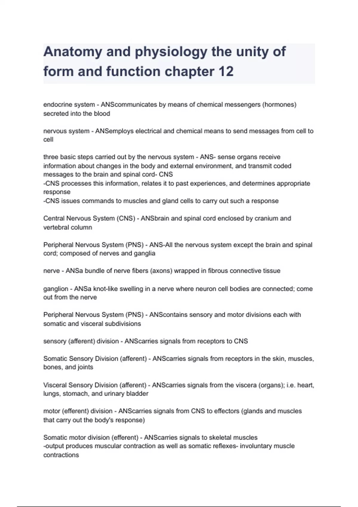 Anatomy and physiology the unity of form and function chapter 12 2023/2024 Rated A+ - Anatomy ...