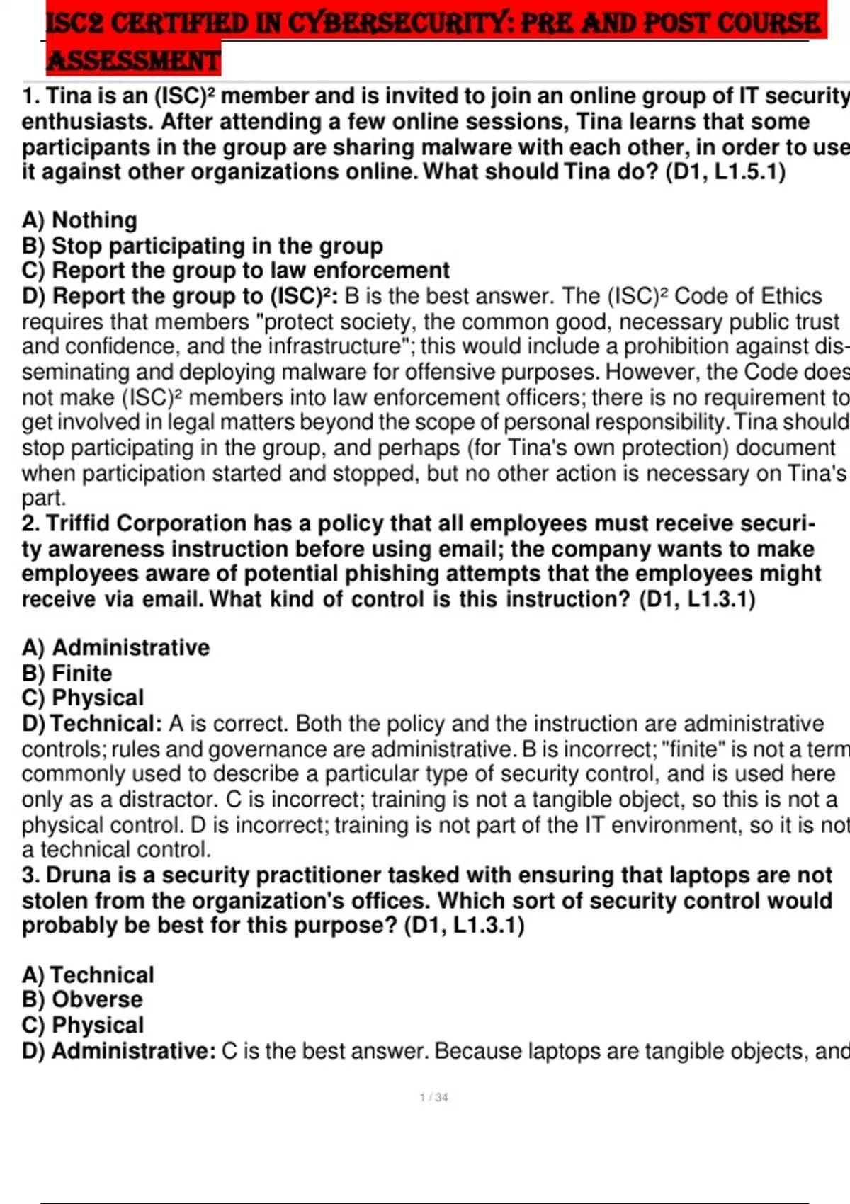 ISC2 CERTIFIED IN CYBERSECURITY,, PRE AND POST COURSE ASSESSMENT - ISC2 ...