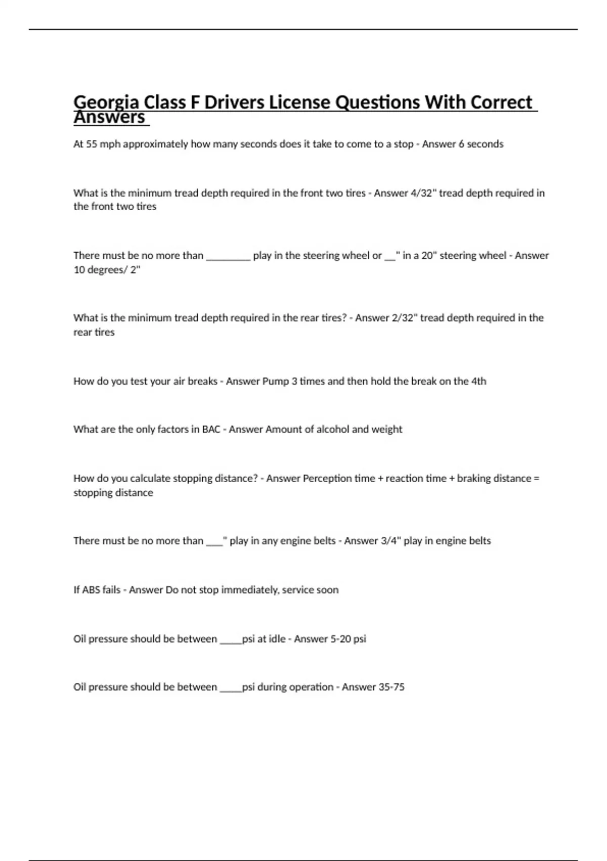 Georgia Class F Drivers License Questions With Correct Answers ...