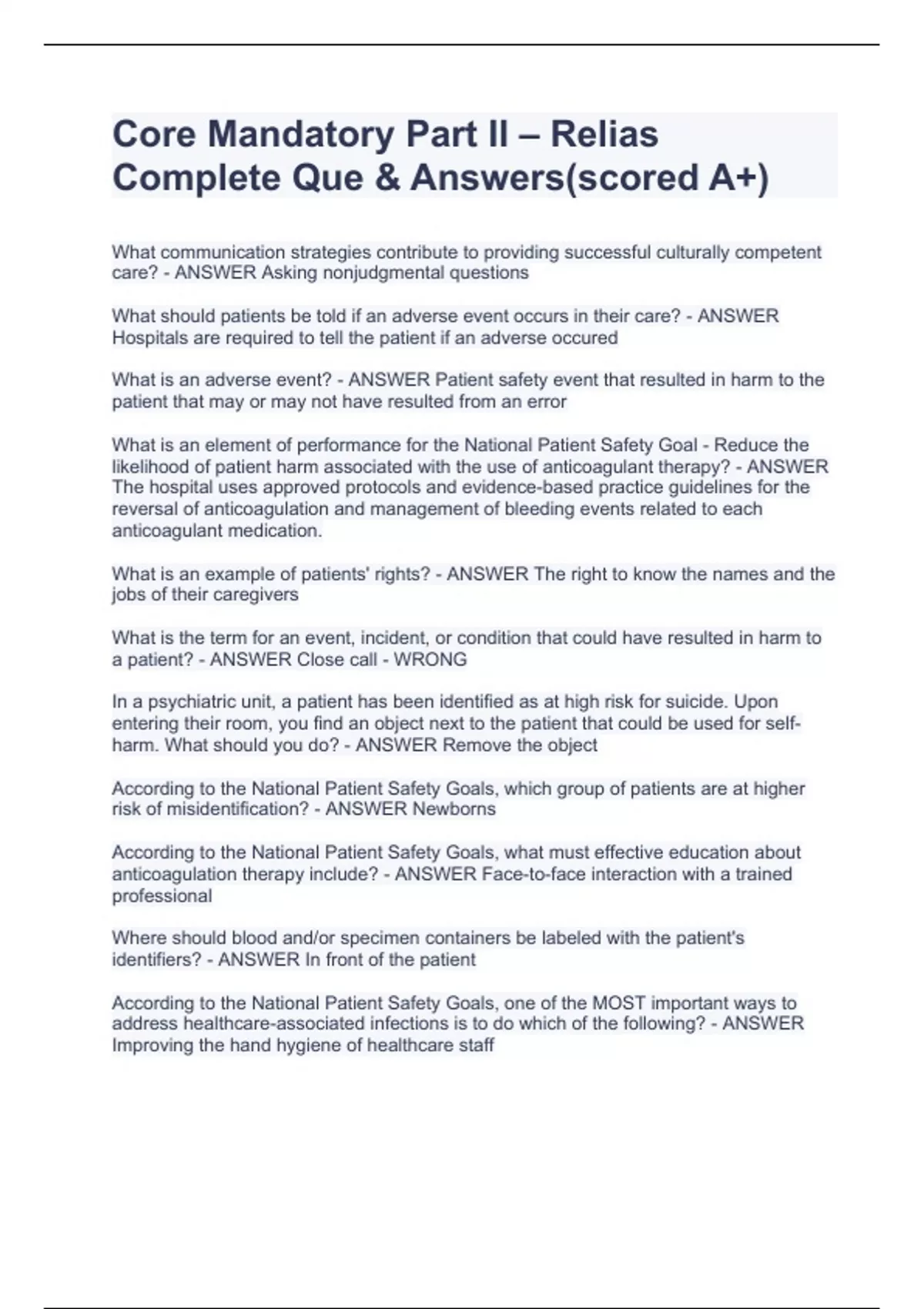 Core Mandatory Part II – Relias Complete Que & Answers(scored A+ ...