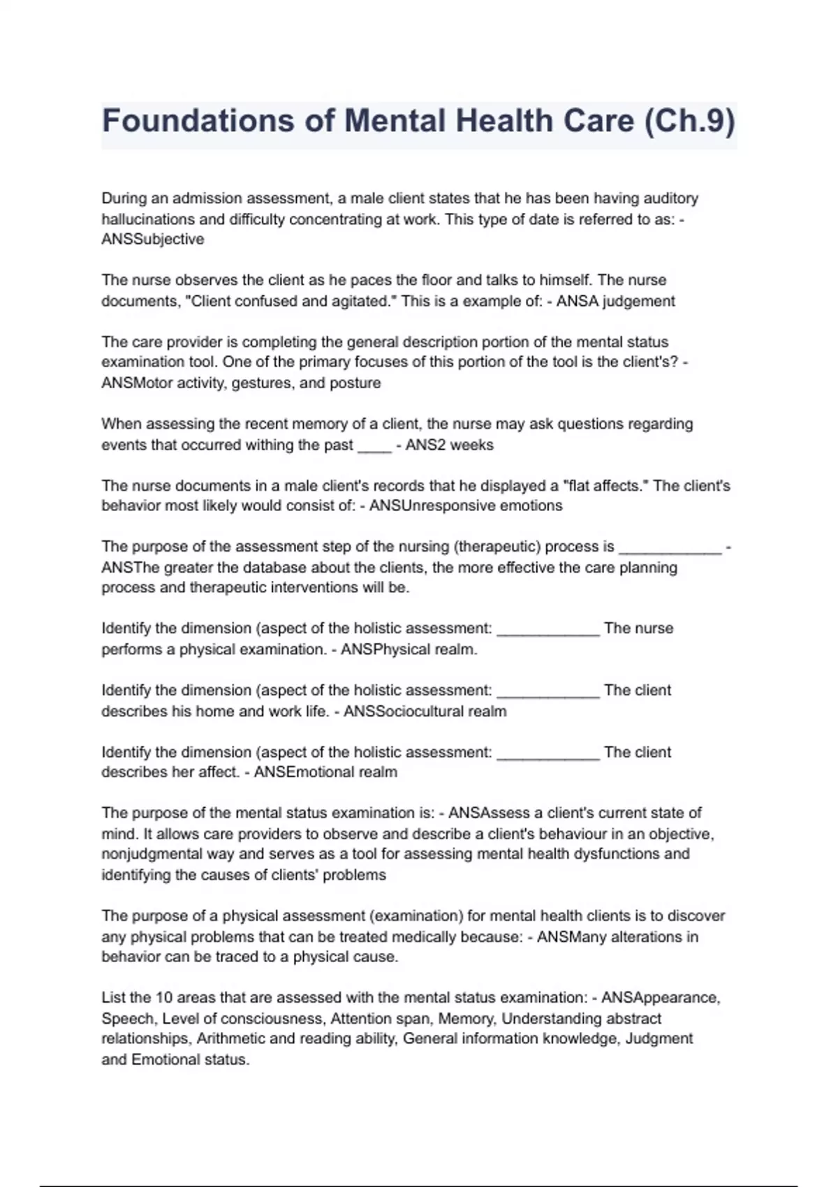 Foundations of Mental Health Care (Ch.9) 2023/2024 Rated A+ ...