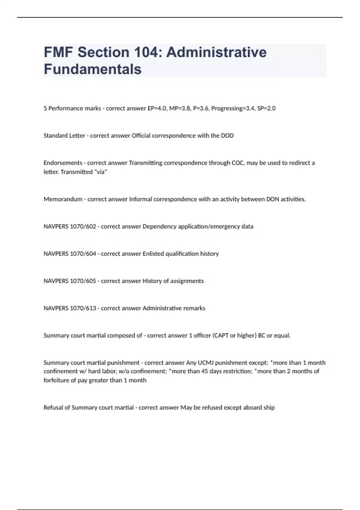 FMF Section 104: Administrative Fundamentals 2023/2024 updated to pass ...