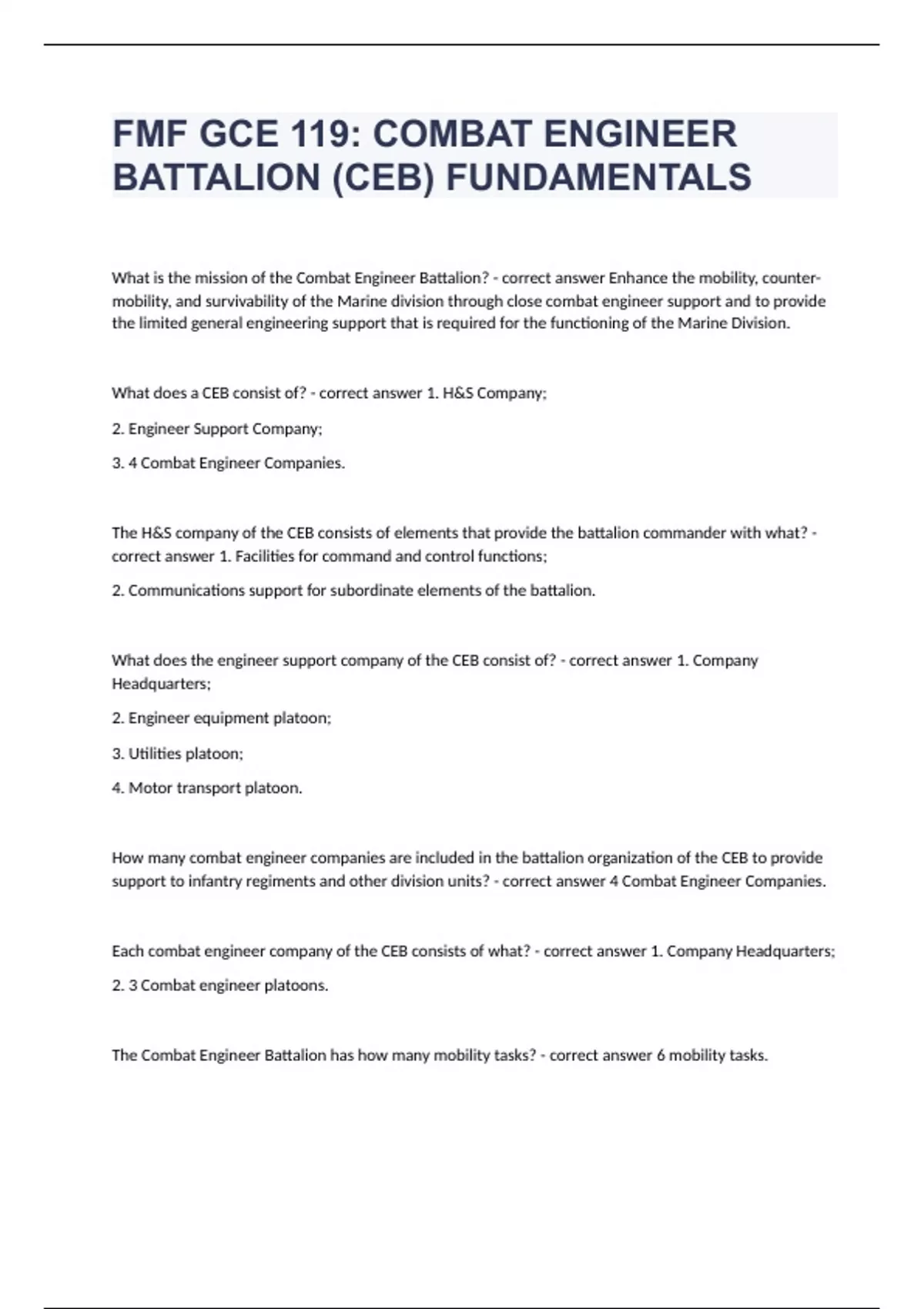 FMF GCE 119: COMBAT ENGINEER BATTALION (CEB) FUNDAMENTALS 2023/2024 ...