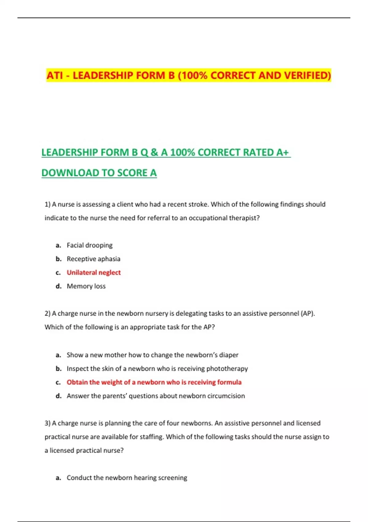 ATI - LEADERSHIP FORM B (100% CORRECT AND VERIFIED) - ATI - LEADERSHIP ...