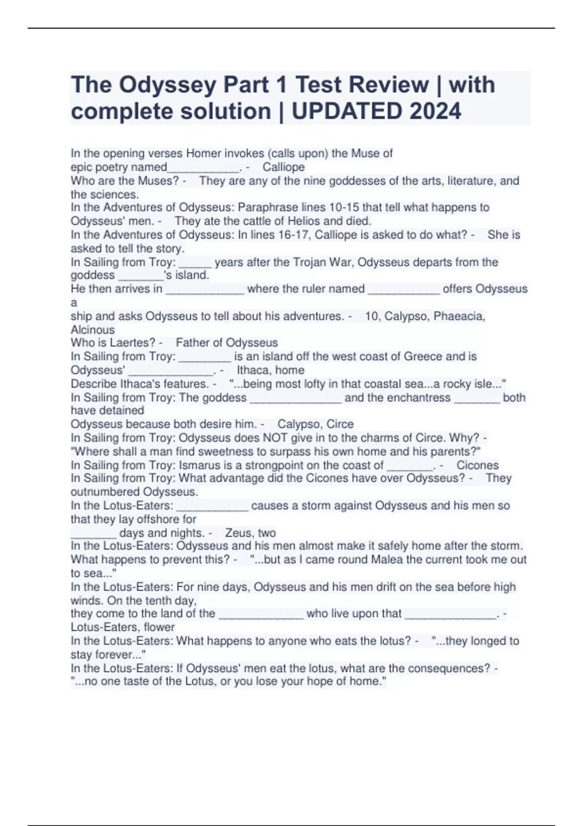 The Odyssey Part 1 Test Review | with complete solution | UPDATED 2024 ...