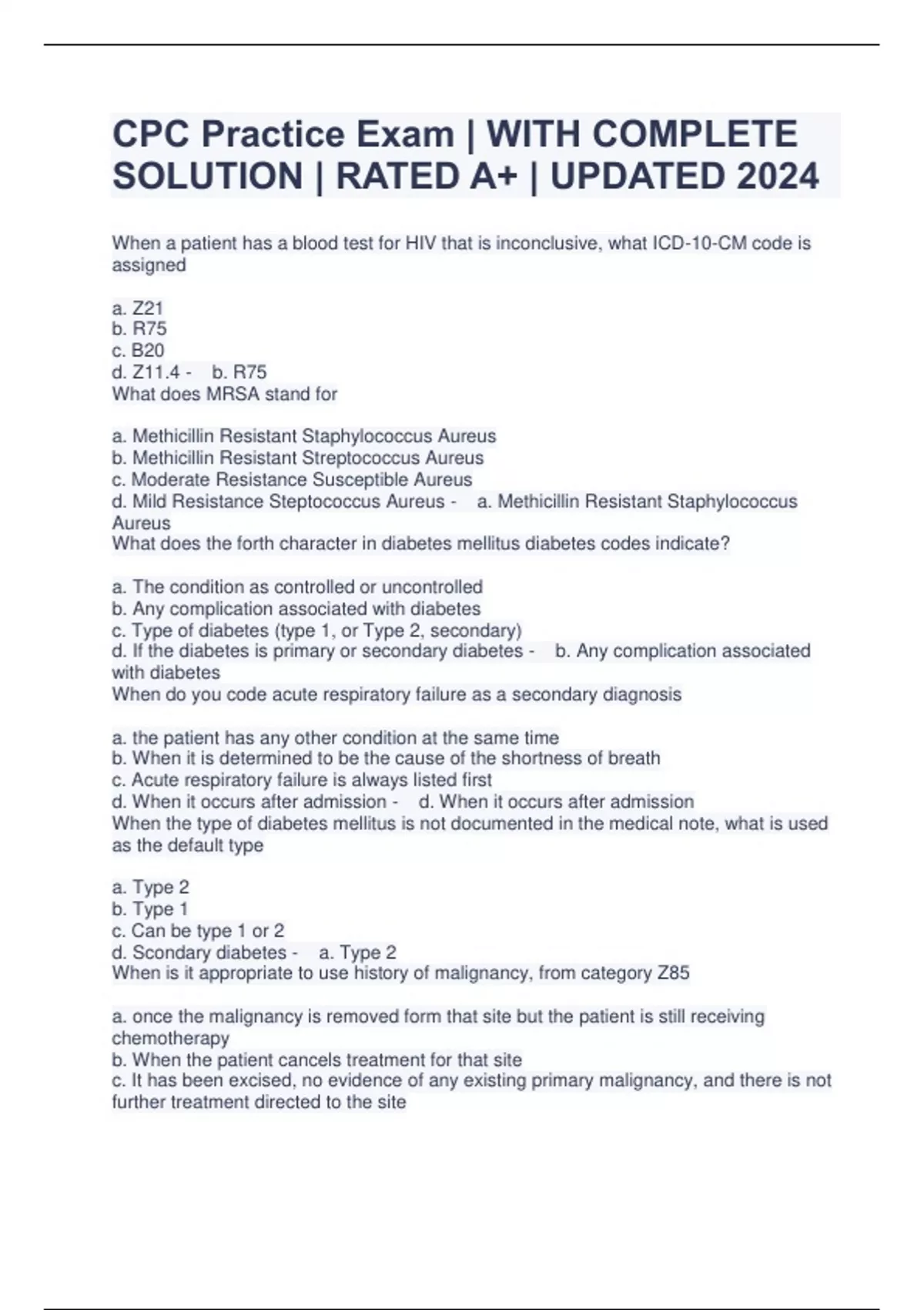 CPC Practice Exam | WITH COMPLETE SOLUTION | RATED A+ | UPDATED 2024 ...