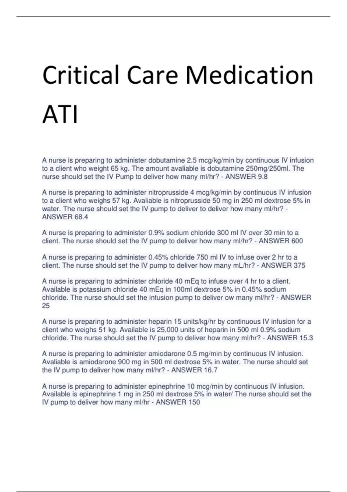 UPDATED Critical Care Medication ATI EXAM(A+ GRADED) - Critical Care ...