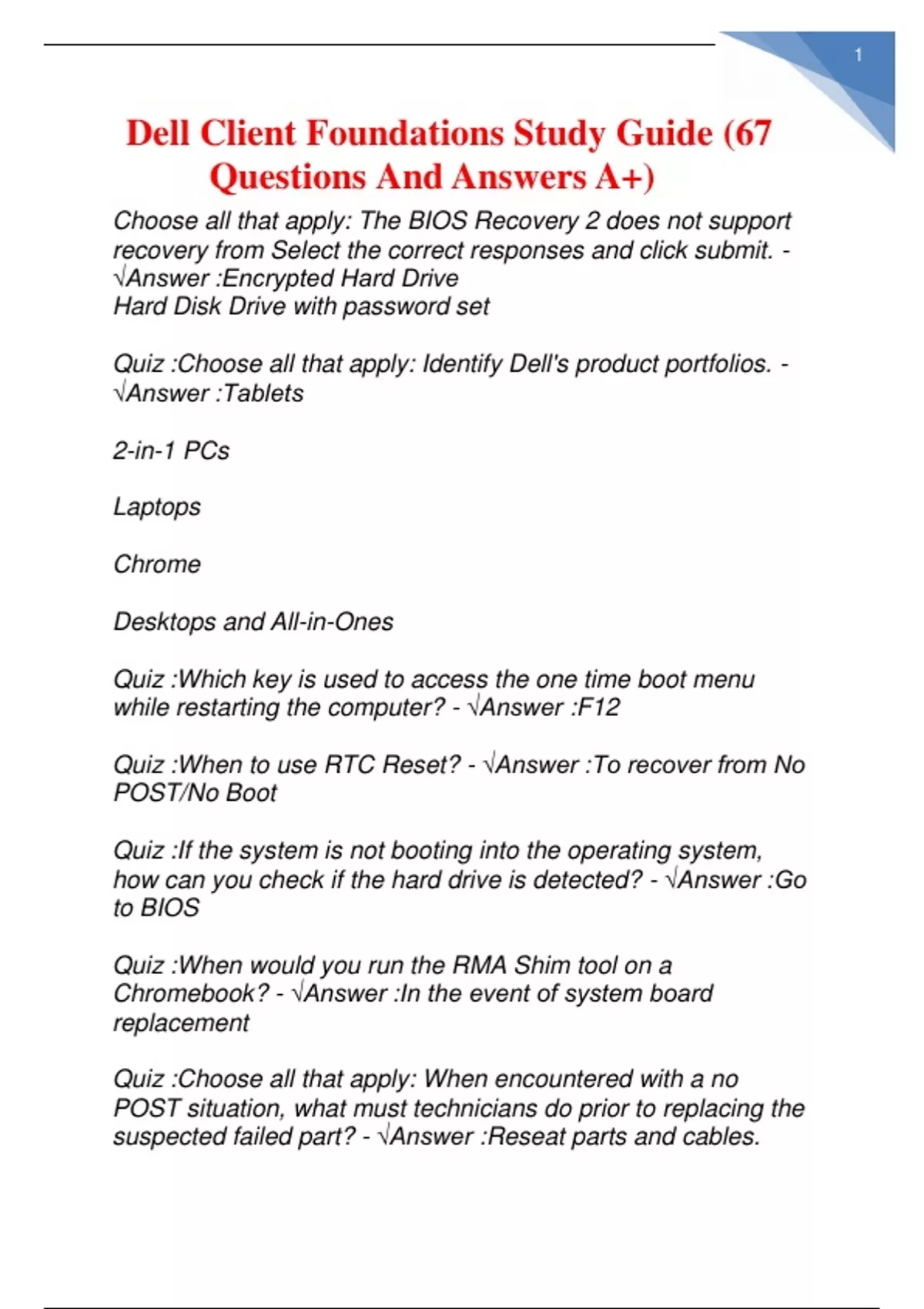 Dell Client Foundations Study Guide (67 Questions And Answers A+ ...