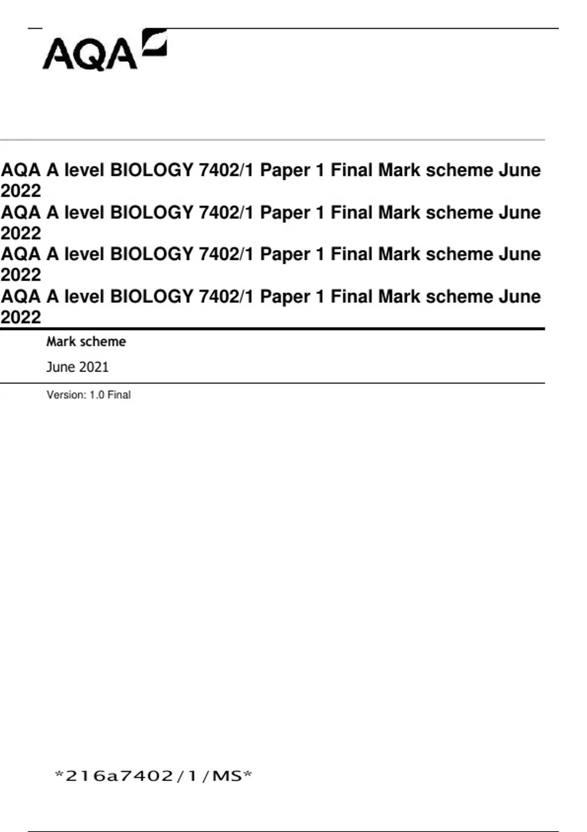 AQA AS Level Paper 2 2024 Mark scheme AQA AS LEVEL JUNE PAPER 2 Mark Scheme - Stuvia US