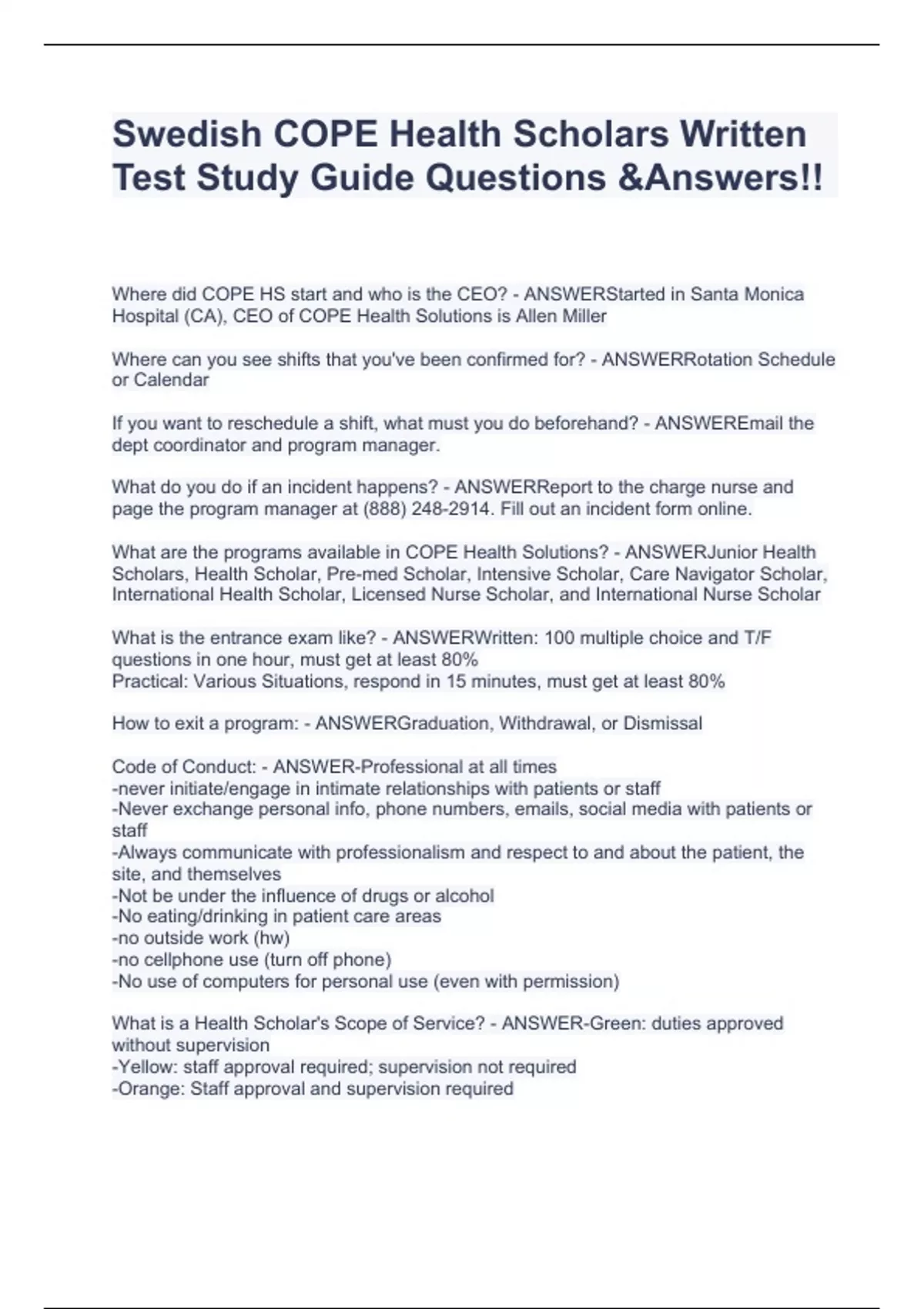 Swedish COPE Health Scholars Written Test Study Guide Questions ...