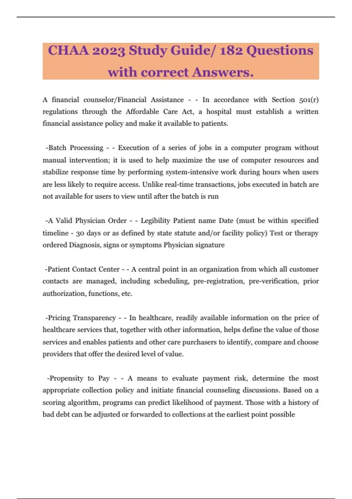 CHAA 2023 Study Guide/ 182 Questions with correct Answers. - CHAA 2023 ...