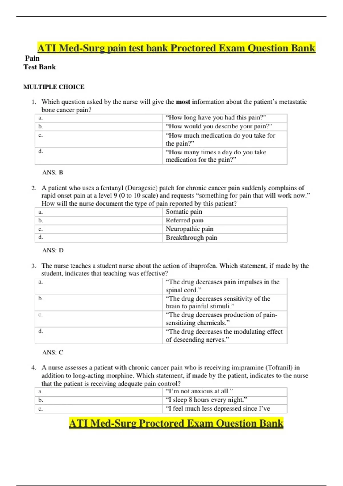 ATI Med-Surg pain test bank Proctored Exam Question Bank Pain Test Bank ...