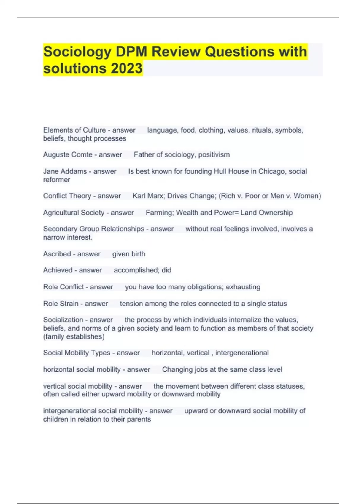 Sociology DPM Review Questions with solutions 2023 - DPM - Stuvia US