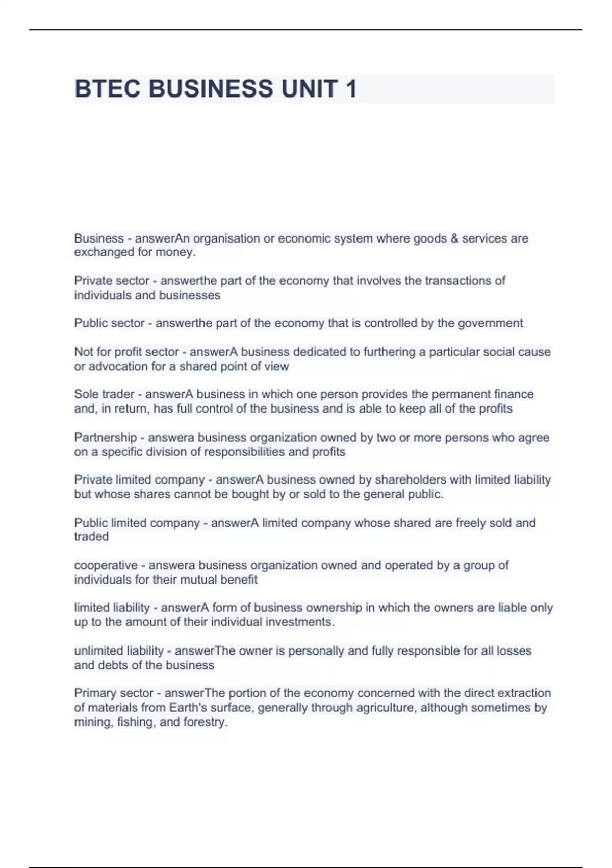BTEC BUSINESS UNIT 1 Exam questions with solutions - BTEC - Stuvia US