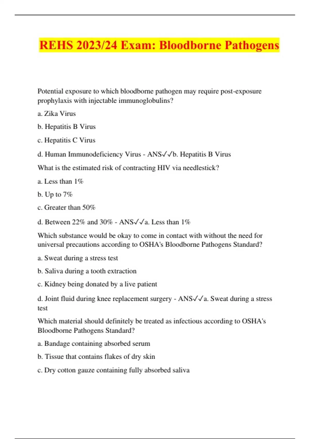 REHS 2023/24 Exam: Bloodborne Pathogens - REHS - Stuvia US