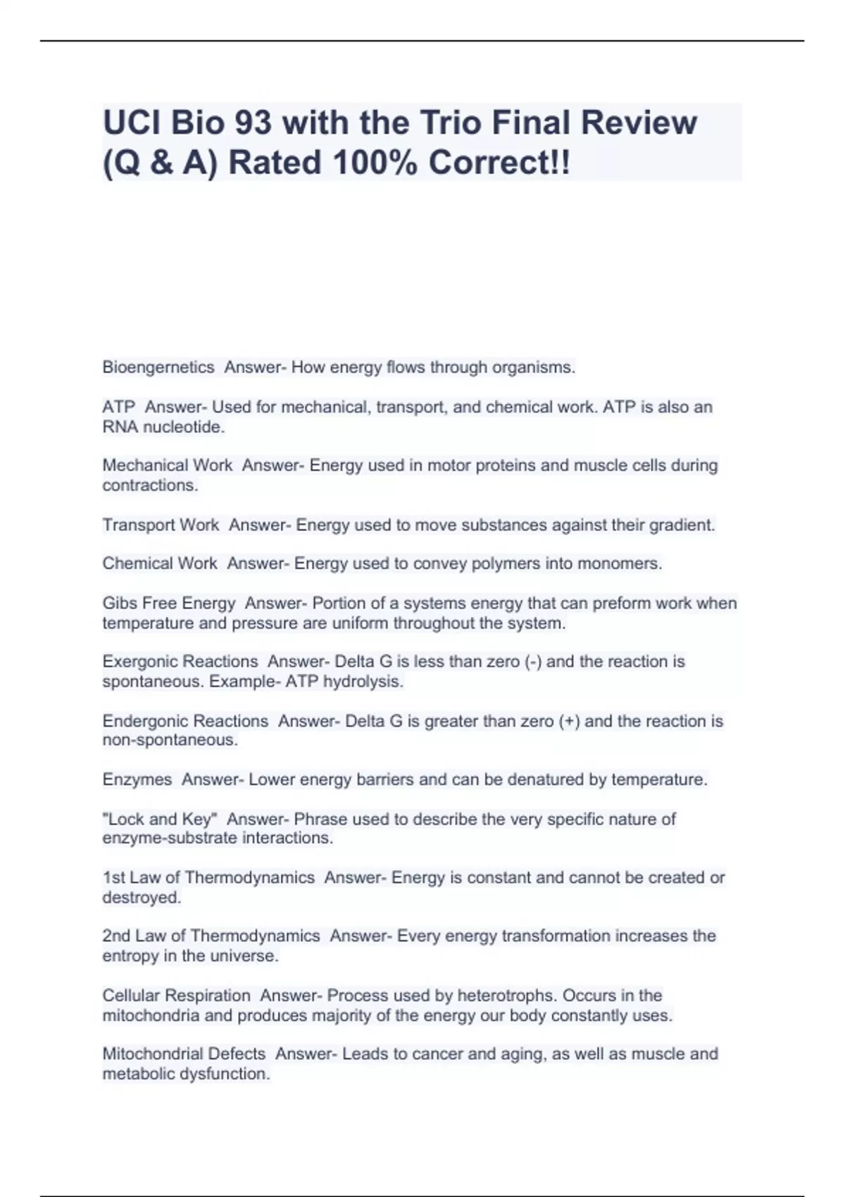 UCI Bio 93 with the Trio Final Review (Q & A) Rated 100% Correct ...