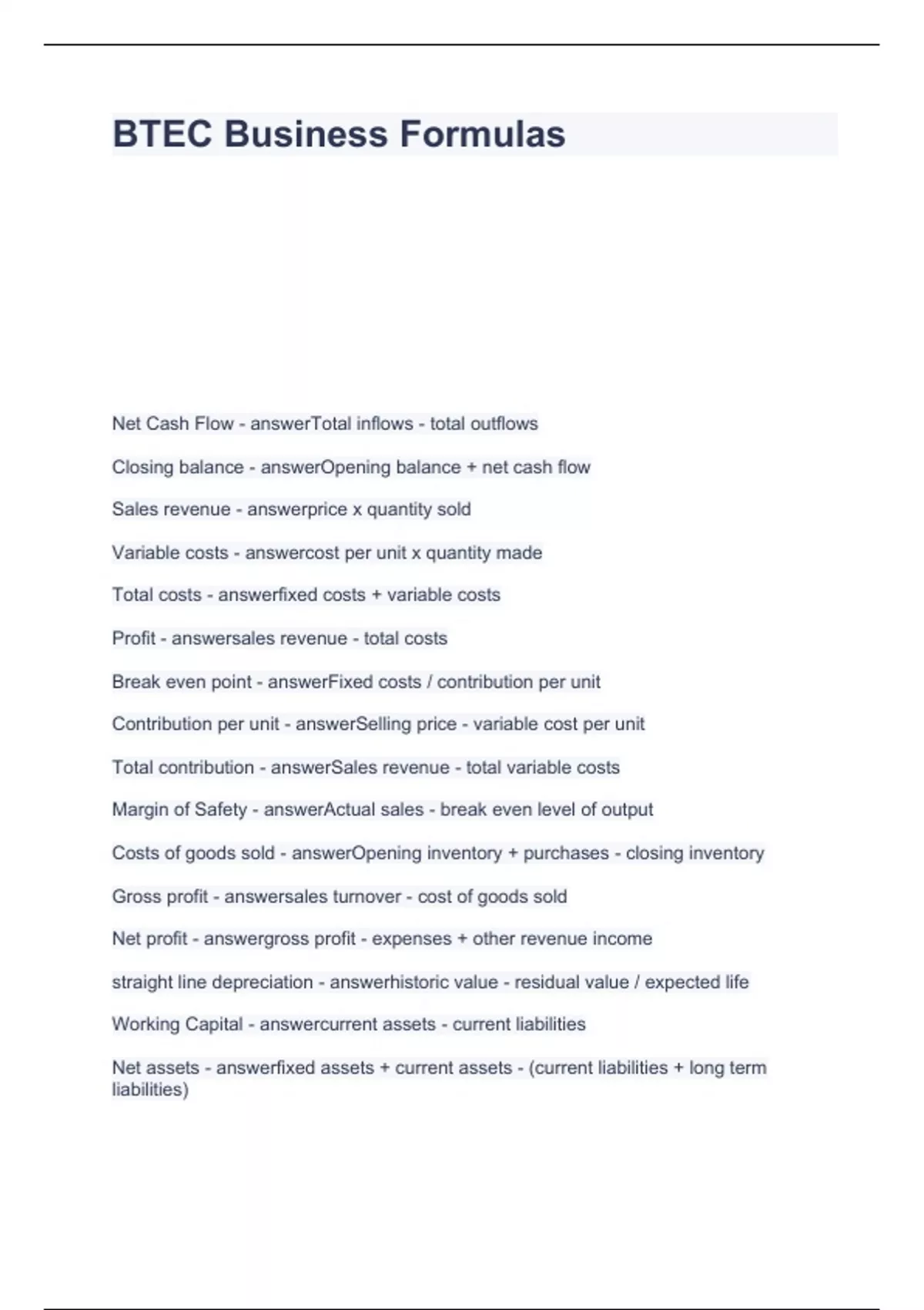 BTEC Business Formulas Exam questions and answers Graded A+ - BTEC ...